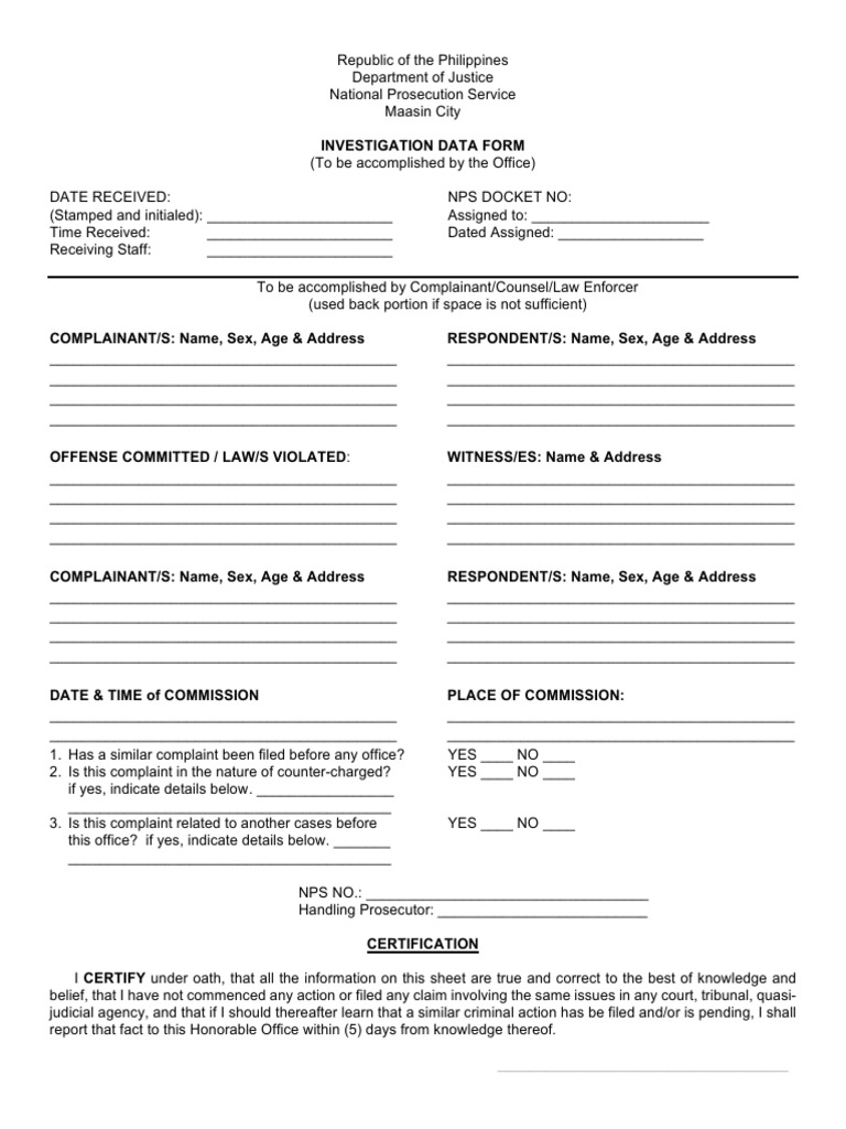 DOJ Investigation Data Form | Complaint | Prosecutor