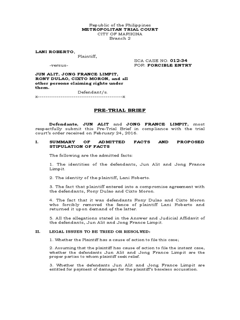 Pre-Trial Brief: Legal Issues To Be Tried or Resolved | PDF | Lawsuit ...
