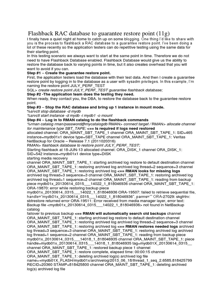 Flashback RAC Database to Restore Point | PDF | Backup | Databases