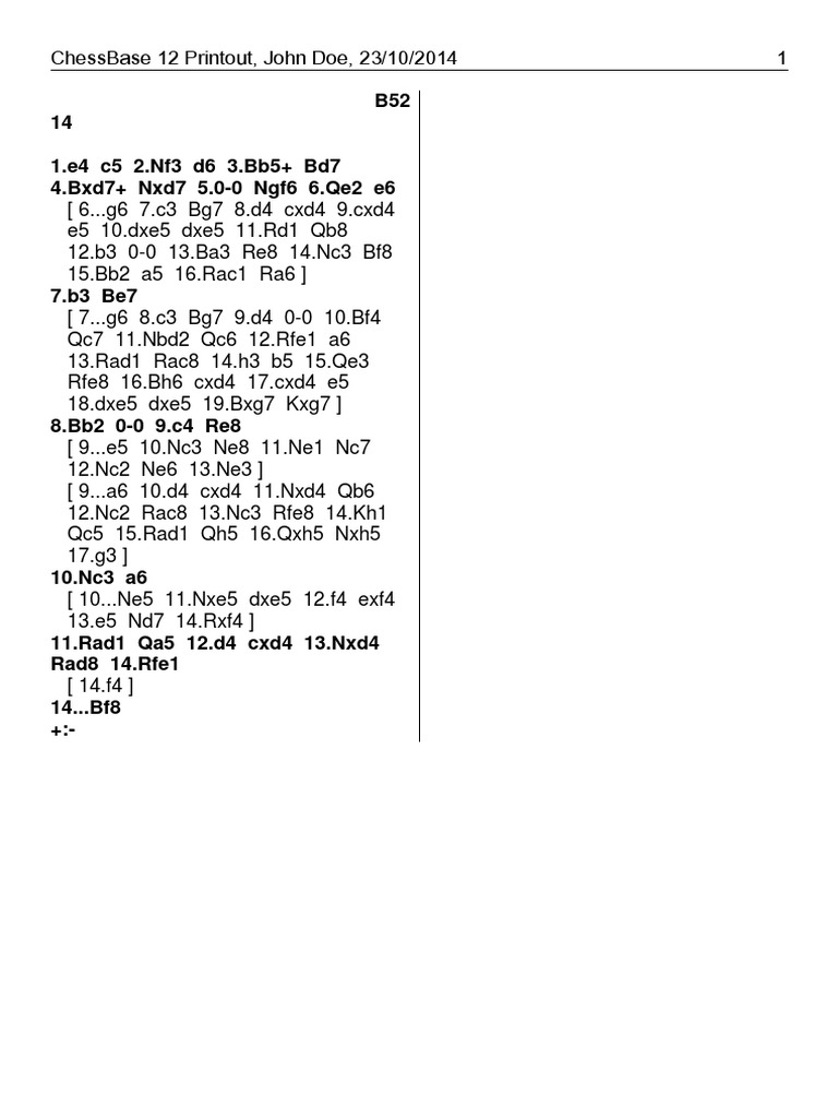 B52 14 1 E4 C5 2 Nf3 D6 3 Bb5 Bd7 4 Bxd7 Nxd7 5 0 0 Ngf6 6 Qe2 E6 Pdf
