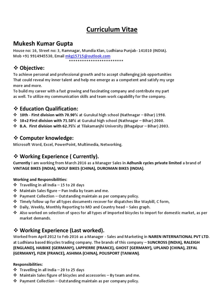 Curriculum Vitae: Mukesh Kumar Gupta | PDF | Sales | Business