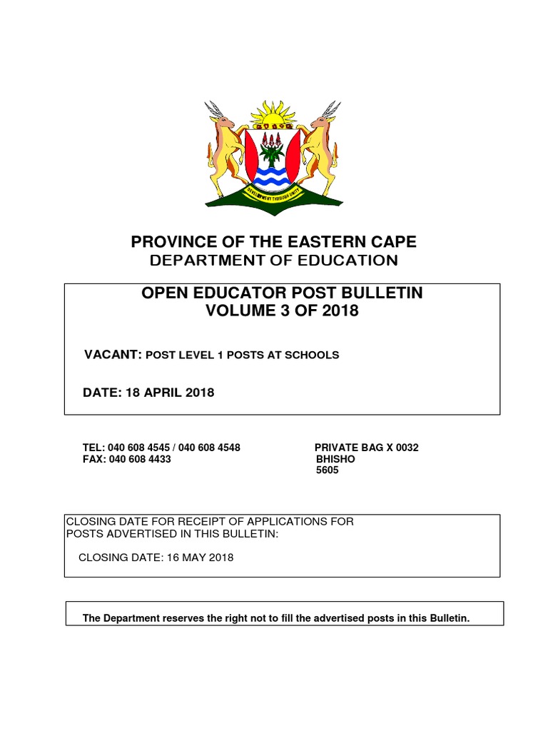 Eastern Cape Department of Education Open Bulletin: Educator Posts at ...