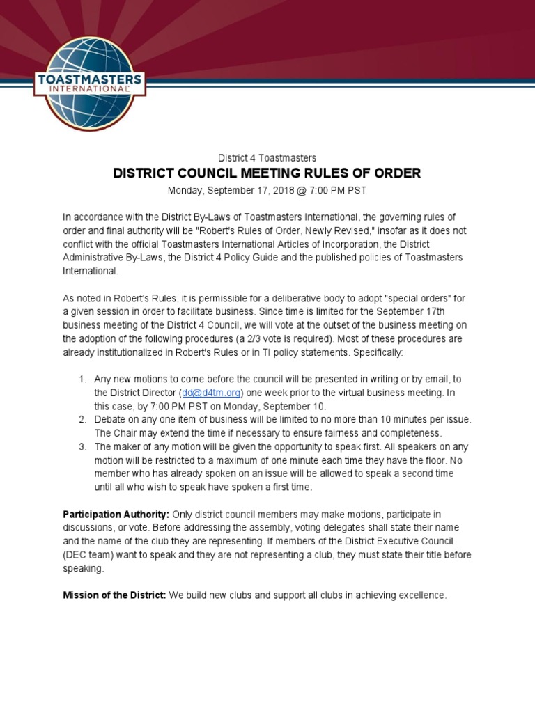 District 4 Toastmasters Business Meeting Rules | PDF | Parliamentary ...