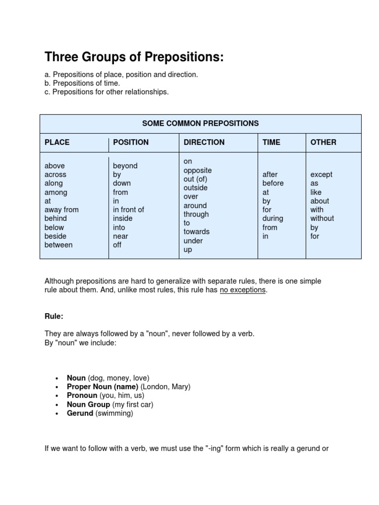 Three Groups of Prepositions | PDF | Preposition And Postposition | Verb