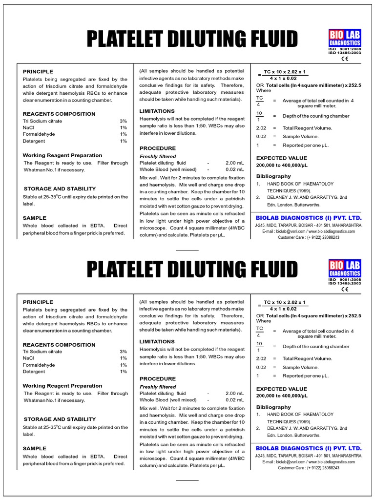 Platelet Diluting Fluid He892 PDF | PDF | Platelet | Blood