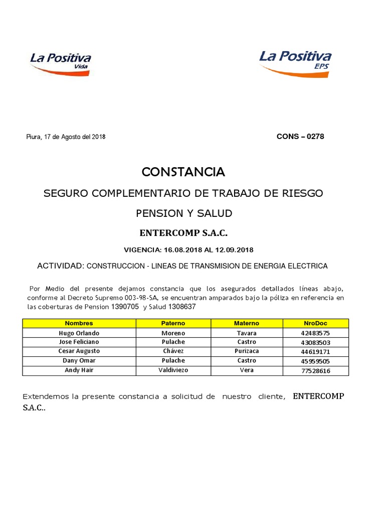 Constancia Inclusion SCTR Pension y Salud - PDF | PDF | Póliza de seguros | Seguro