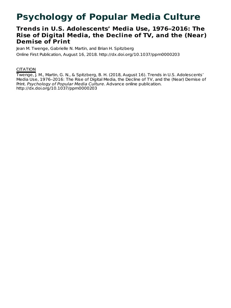 Psychology of Popular Media Culture | PDF | Mass Media | Adolescence