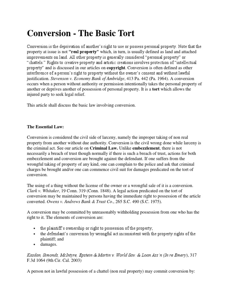 Conversion - The Basic Tort | PDF | Conversion (Law) | Tort