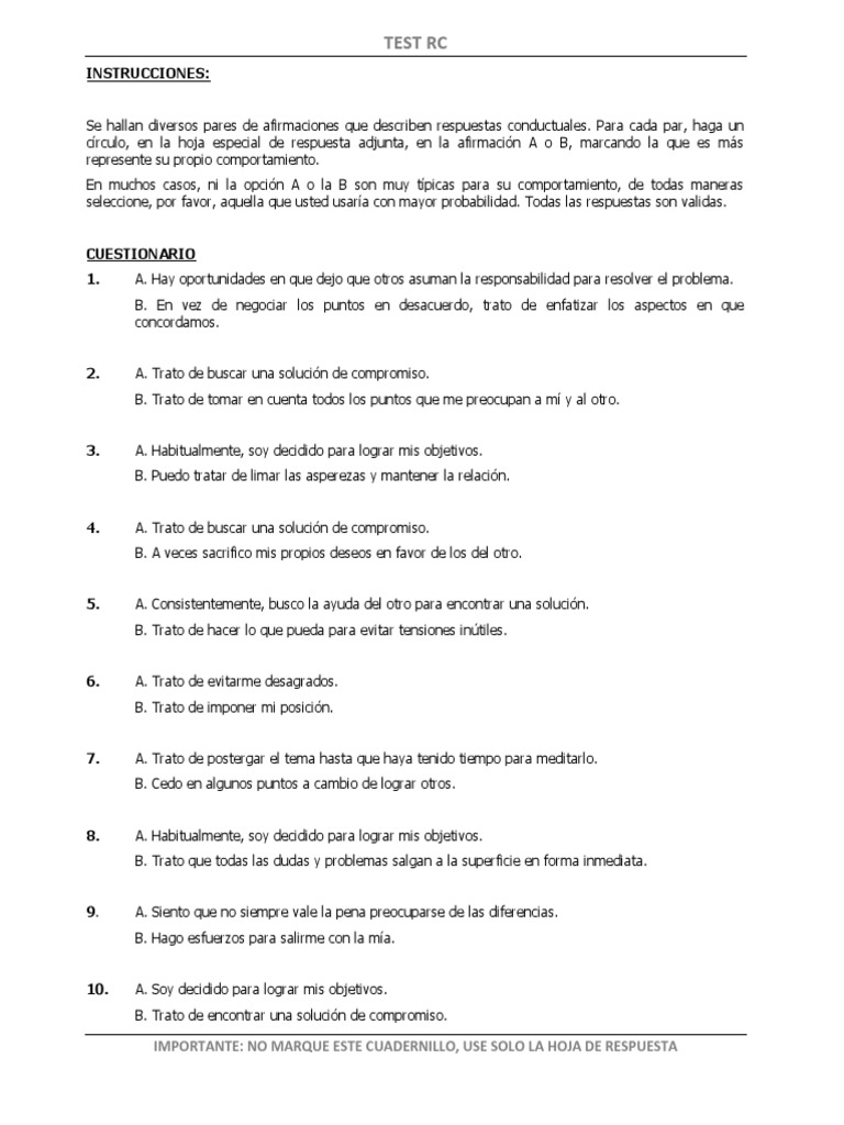 Cuestionario de Preguntas Test de Conflicto | PDF