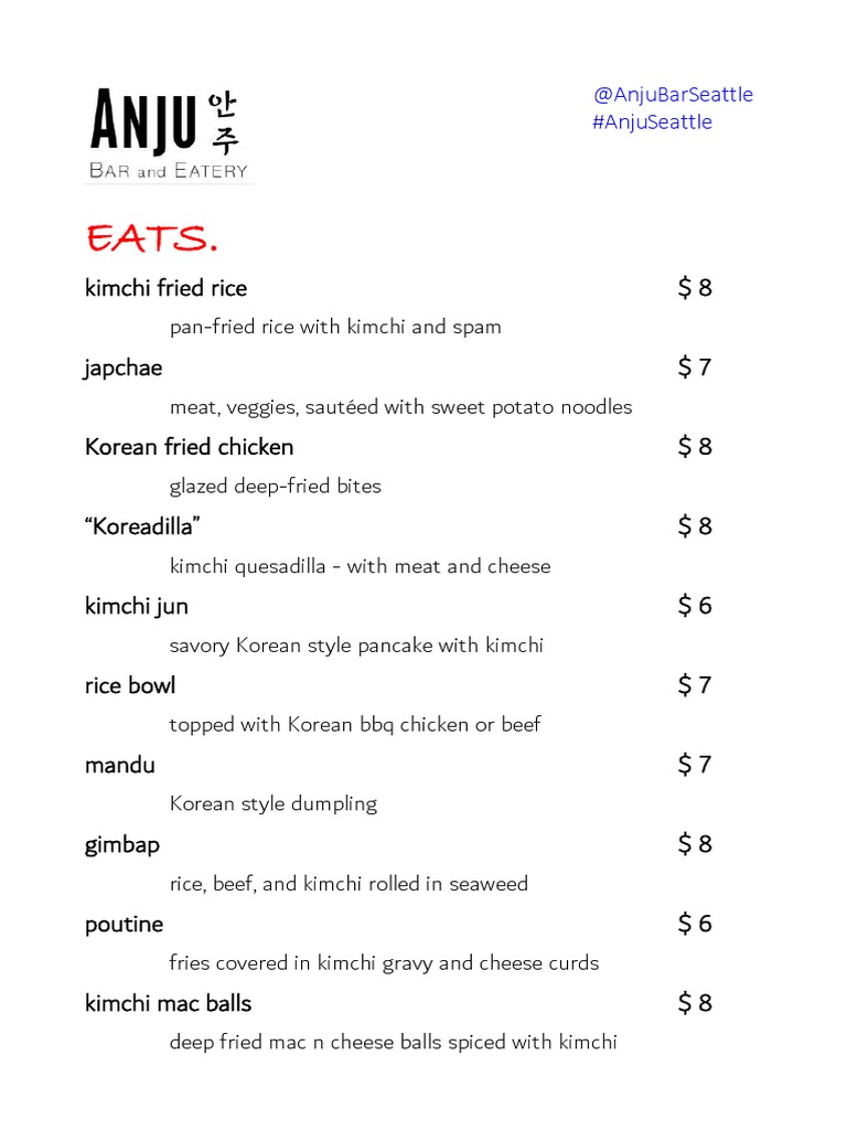 Anju Menu | PDF | Asian Cuisine | Regional & Ethnic Food