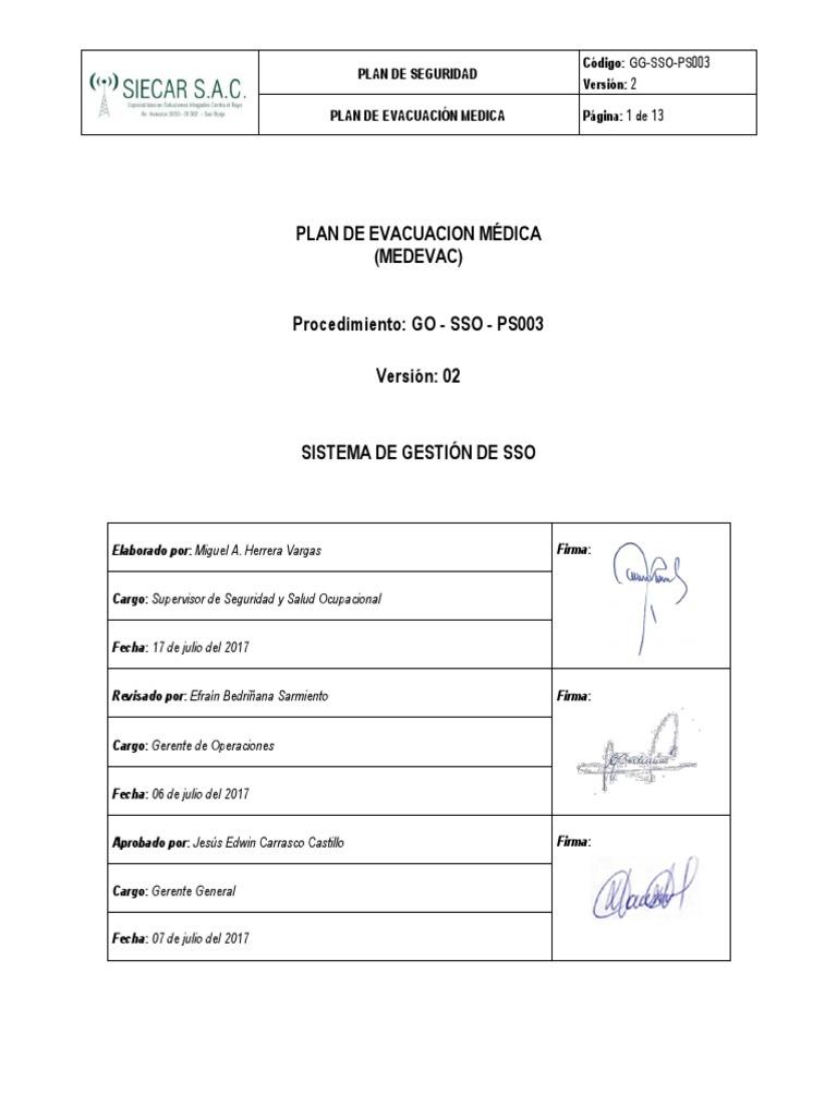 Go Sso Ps003 Plan Medevac | PDF | Lesión | Ambulancia