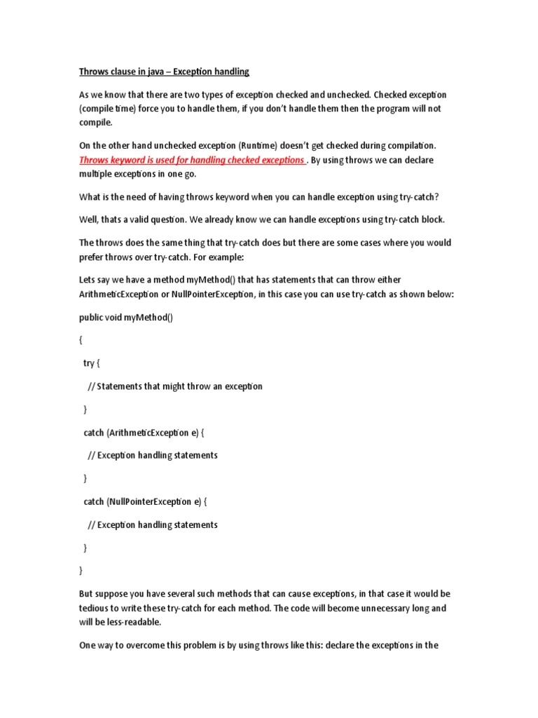 Throws Clause in Java - Exception Handling: Throws Keyword Is Used For ...
