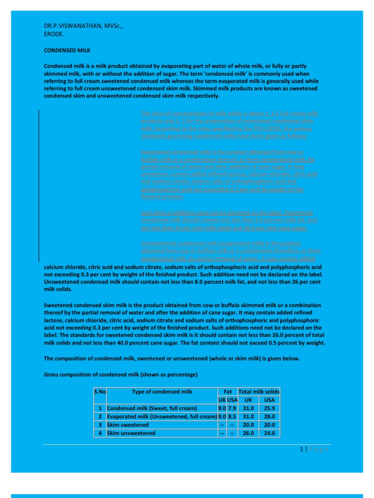 Condensed Milk | PDF | Milk | Chemistry