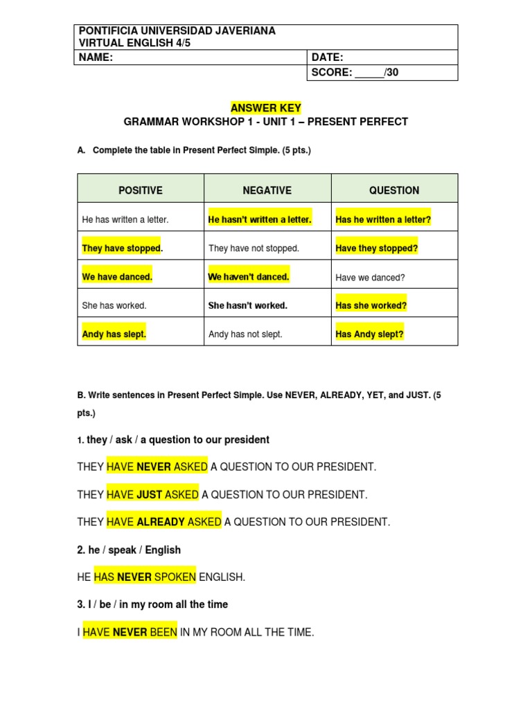Workshop 1 - Present Perfect - Answer Key | PDF | Question | Linguistics