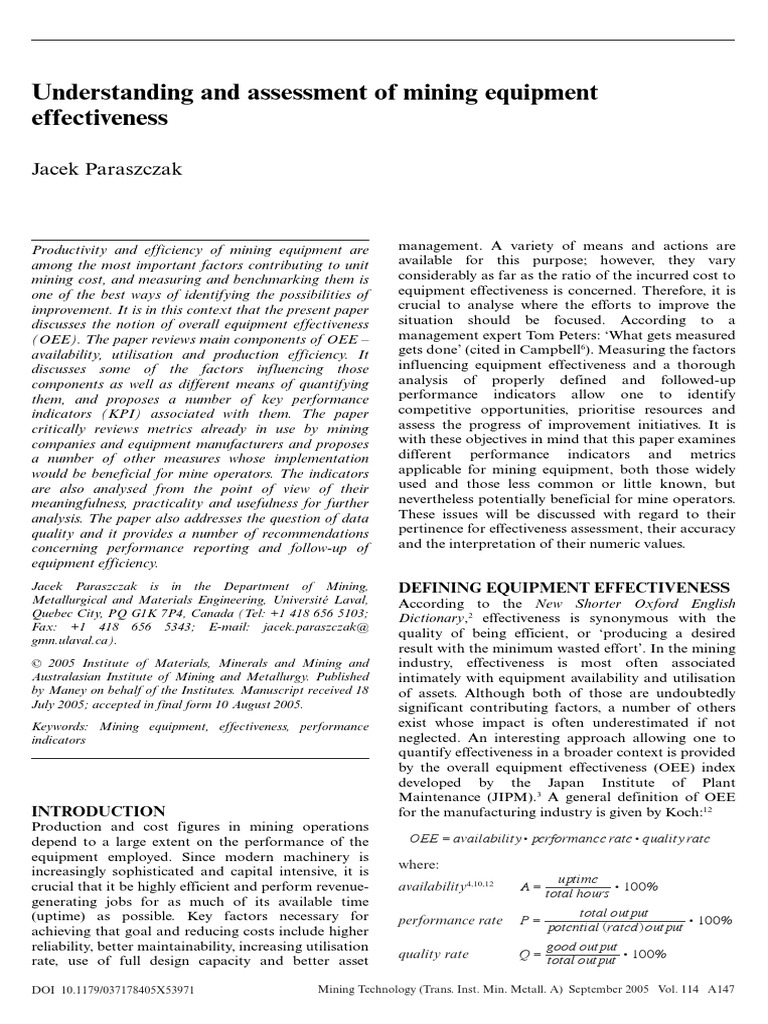 Understanding and Assessment of Mining Equipment Effectiveness | PDF ...