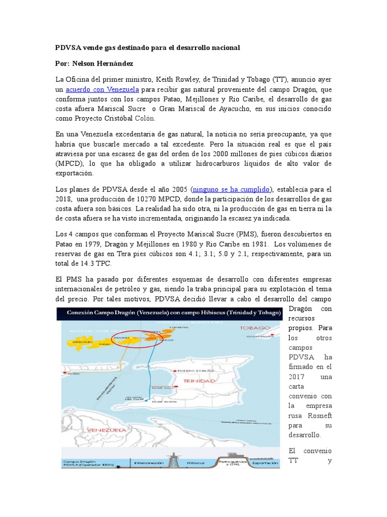 PDVSA Vende Gas Destinado para El Desarrollo Nacional (Campo Dragon ...
