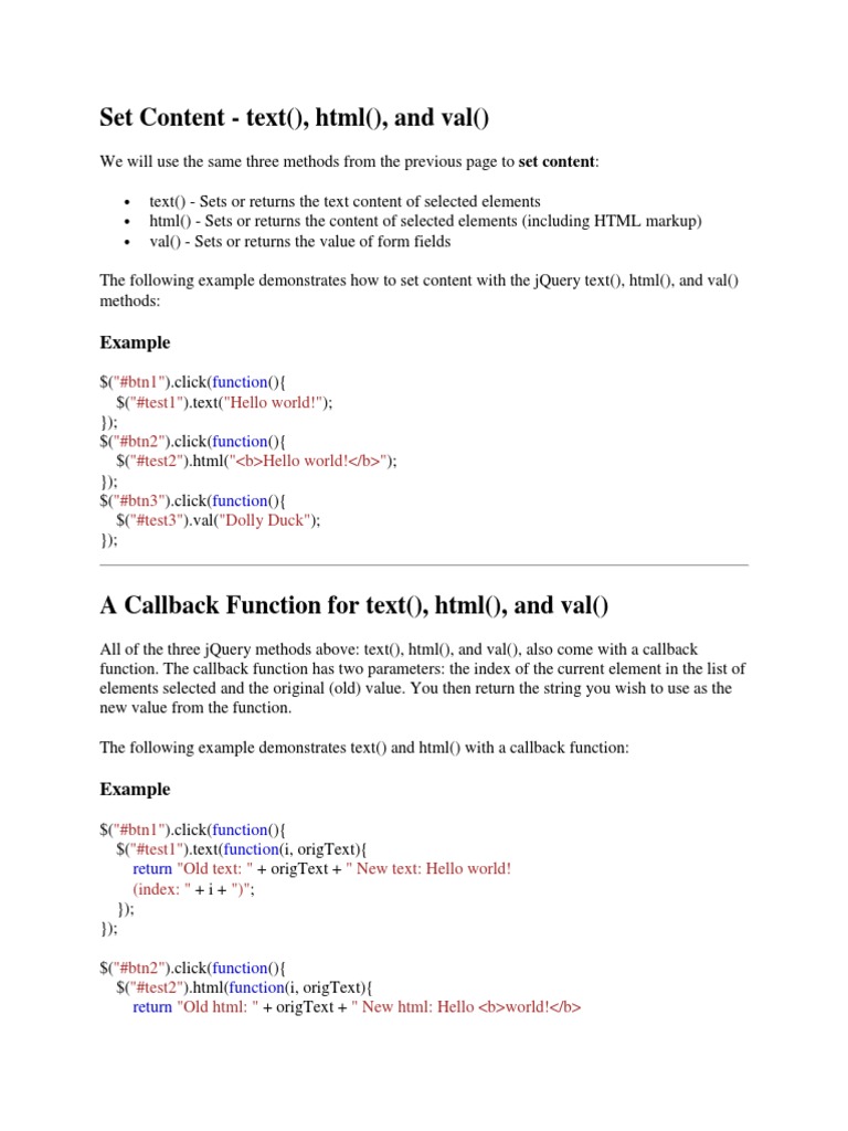 Set Content - Text, HTML, and Val : Example | Download Free PDF | J Query | Callback (Computer ...