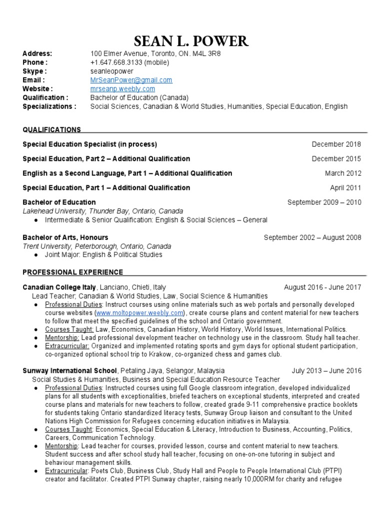 Sean Power Resume - Aug2018 | PDF | Special Education | Teachers