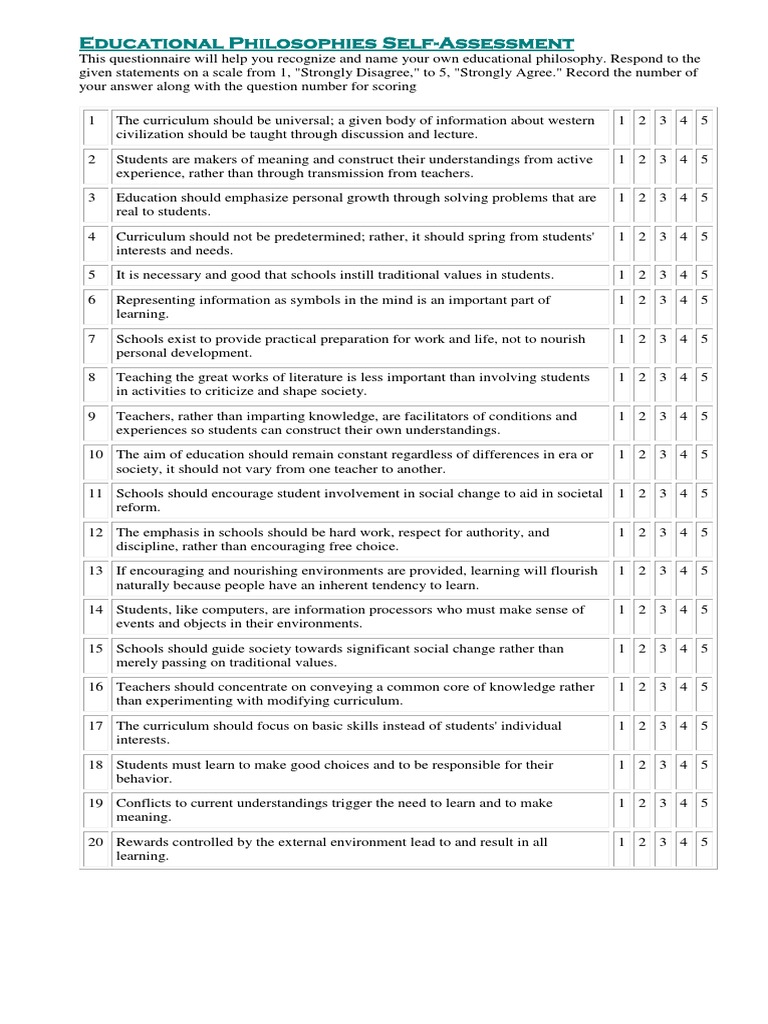 Educational Philosophies Self Assessment | PDF | Philosophy Of ...
