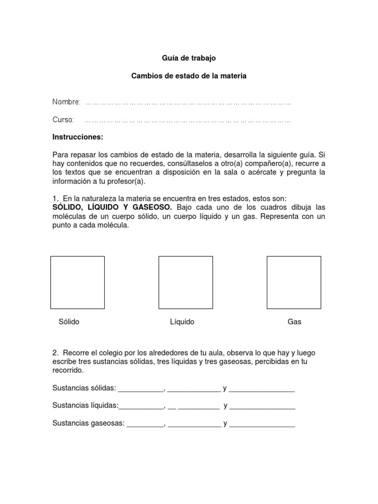 Hoja De Trabajo Sobre Cambios En La Materia