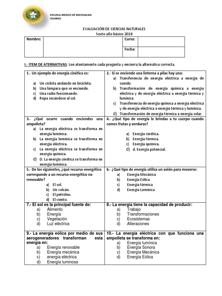 Prueba de Energia 6to | Química | Física y matemáticas