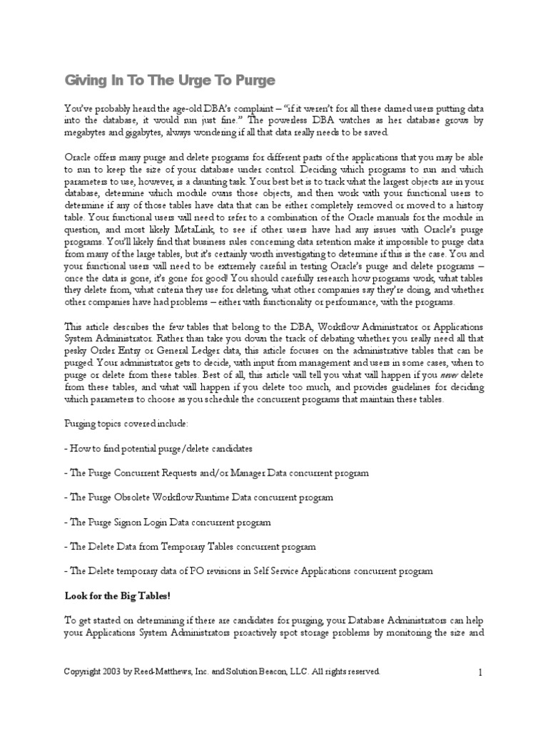 Purge 11i Strategies | PDF | Databases | Oracle Database