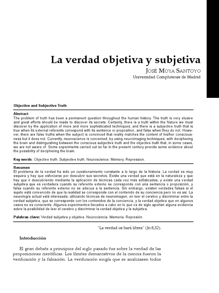La Verdad Objetiva y Subjetiva JOSÉ MOYA SANTOYO | PDF | Sigmund Freud | Verdad
