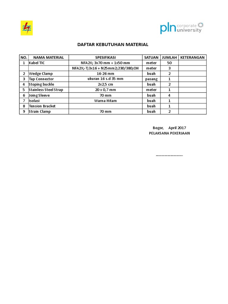 Daftar Kebutuhan Material | PDF