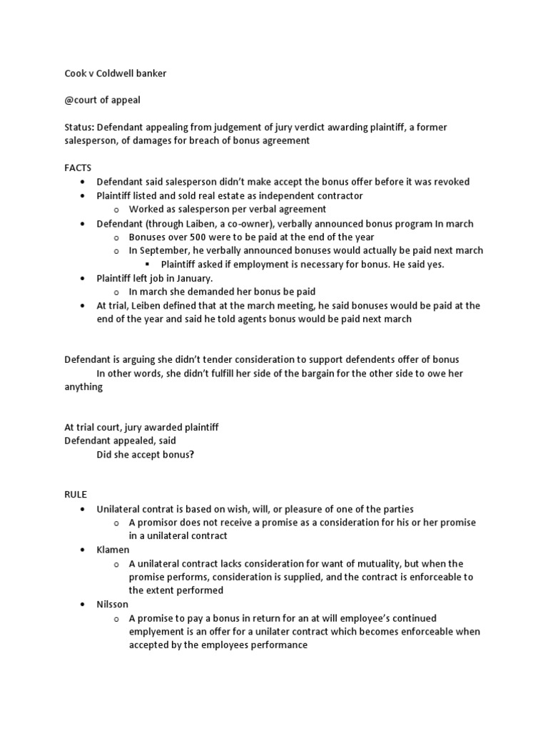 Cook V Coldwell Banker | PDF | Consideration | Legal Concepts