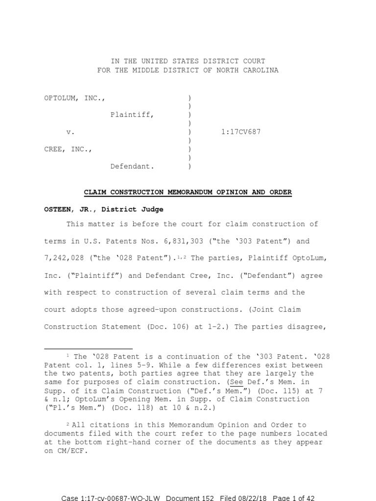 Claim Construction Memorandum Opinion and Order OSTEEN, JR., District ...