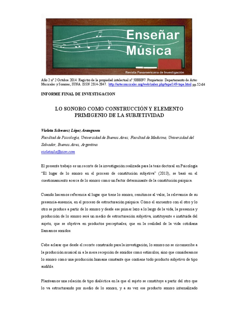 Lo Sonoro Como Construcción y Elemento Primigenio de La Subjetividad ...