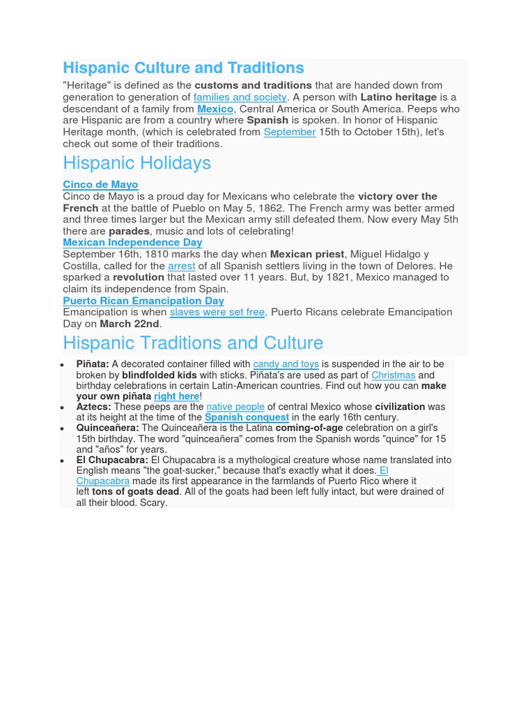 Hispanic Culture: Traditions & Holidays | PDF | Social Science