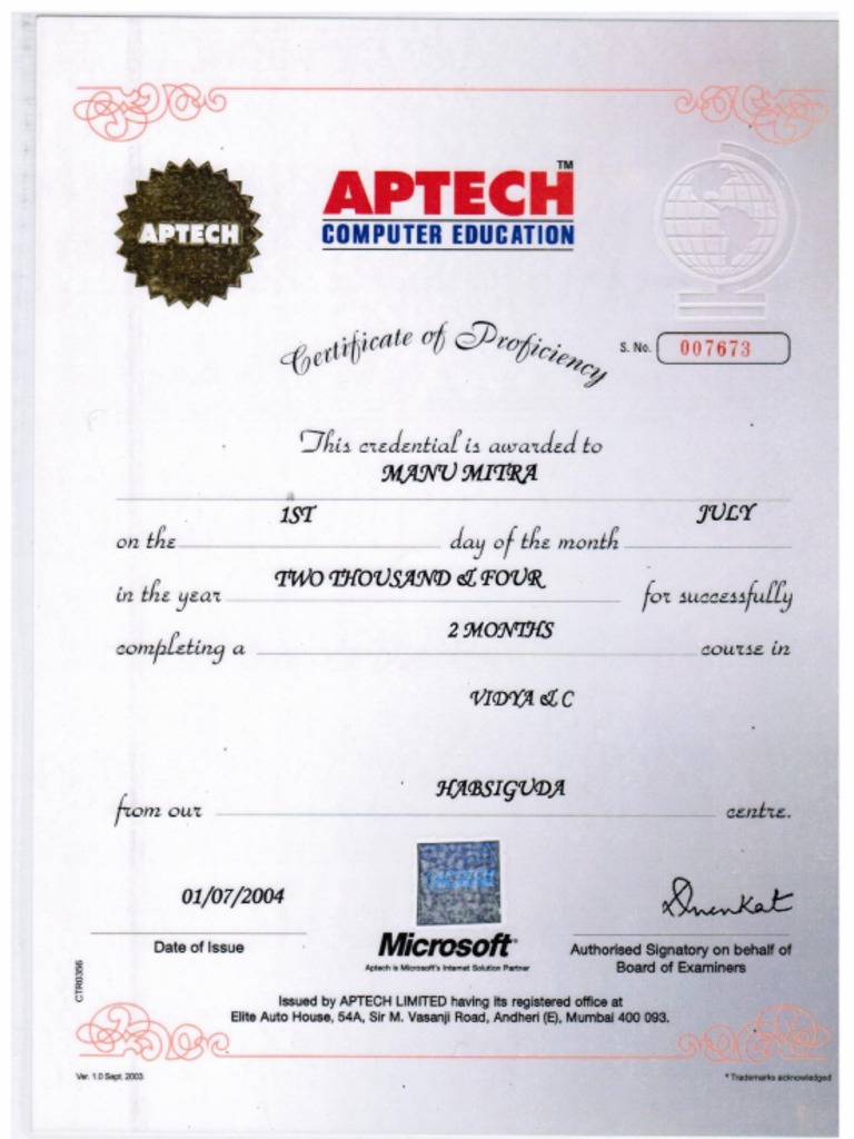 APTECH Vidya and C Certificate | PDF