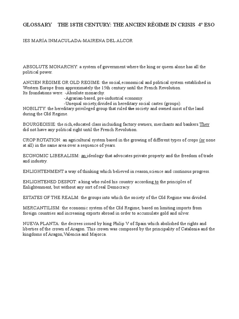 Glossary 18th Century vocabulary