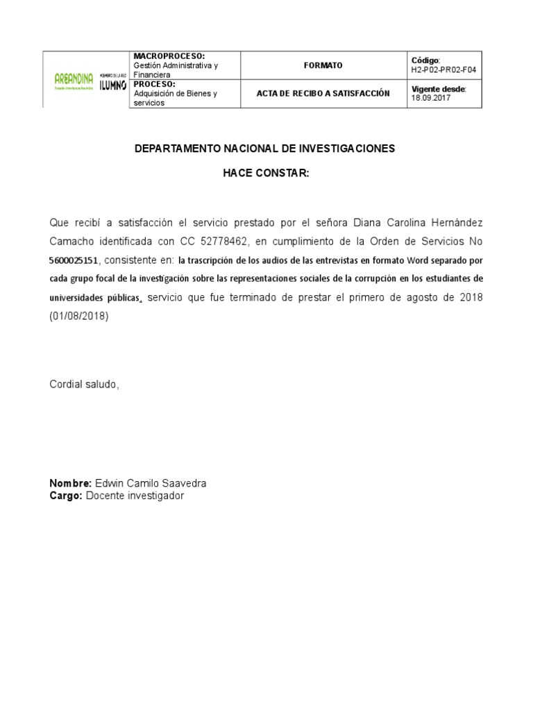H2-P02-PR02-F04 Acta de Recibido A Satisfacción | PDF