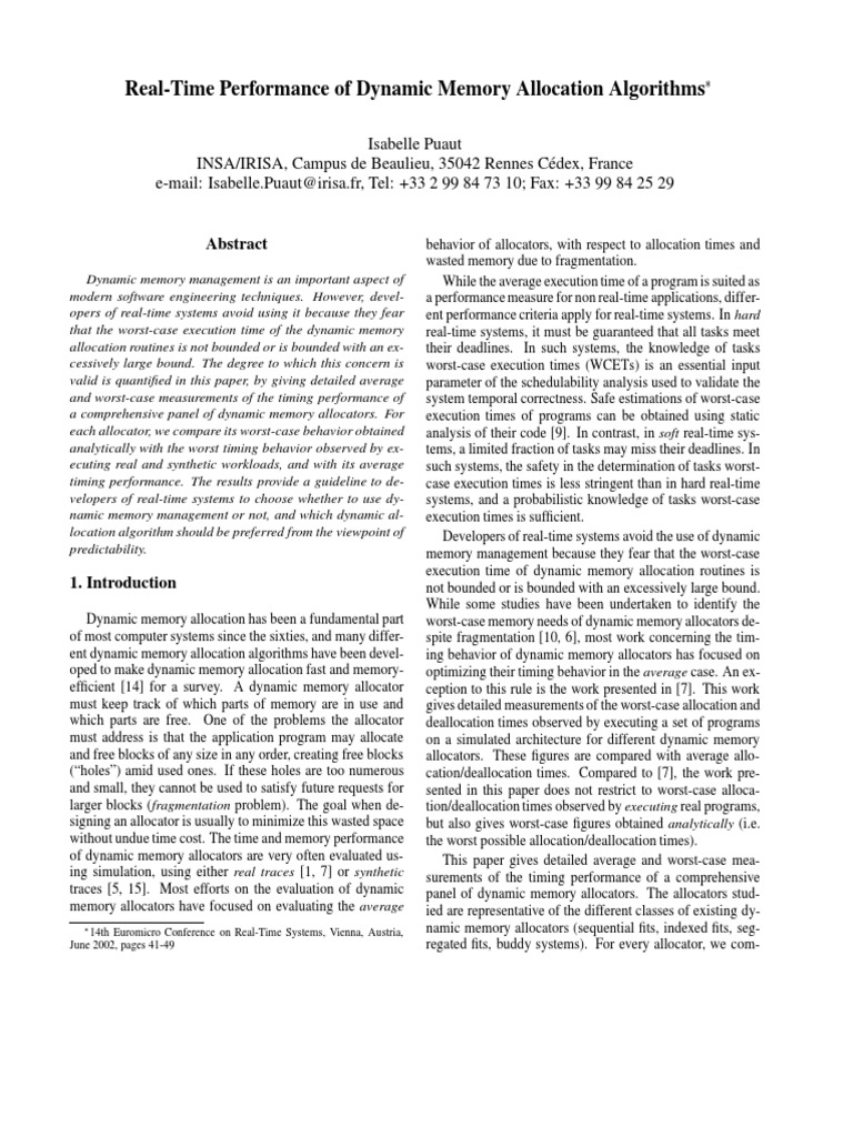 Real Time Performance Of Dynamic Memory Allocation Algorithms Real Time Computing Algorithms