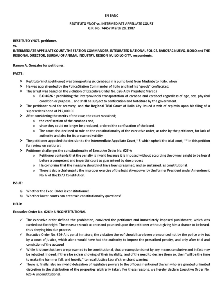 Ynot v. IAC (Case Digest) | Due Process Clause | Police Power (United ...