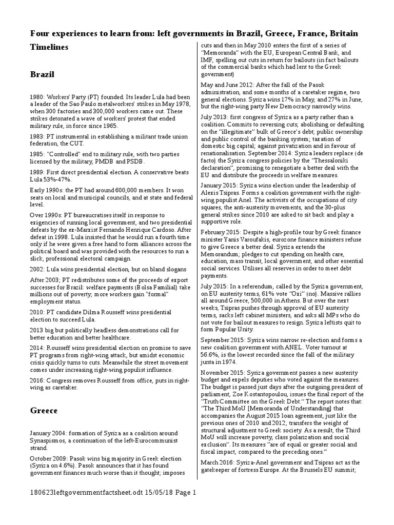 Fact Sheet On Some Left Governments From The 1970s To 2018 | PDF ...