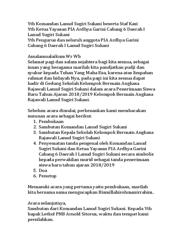 Naskah MC Penerimaan Siswa Baru PAUD | PDF