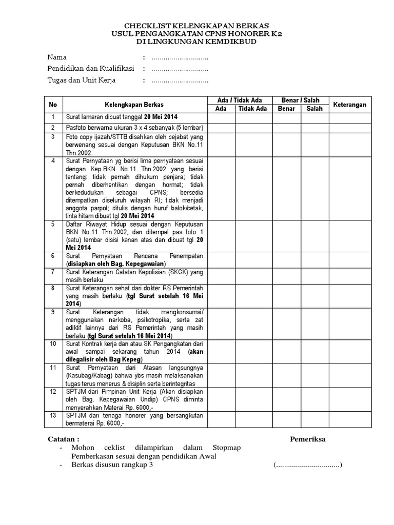 Checklist Kelengkapan Berkas Cpns Honorer k2 | PDF