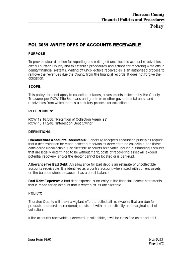 Write Offs of Accounts Receivable - Policy | PDF | Write Off | Bad Debt