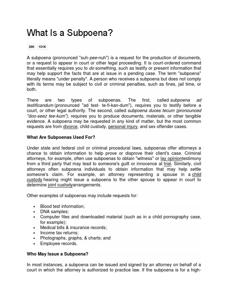 What Is A Subpoena | PDF | Contempt Of Court | Subpoena