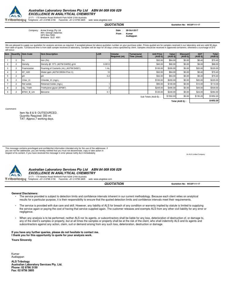 Australian Laboratory Services Pty LTD ABN 84 009 936 029 Excellence in ...