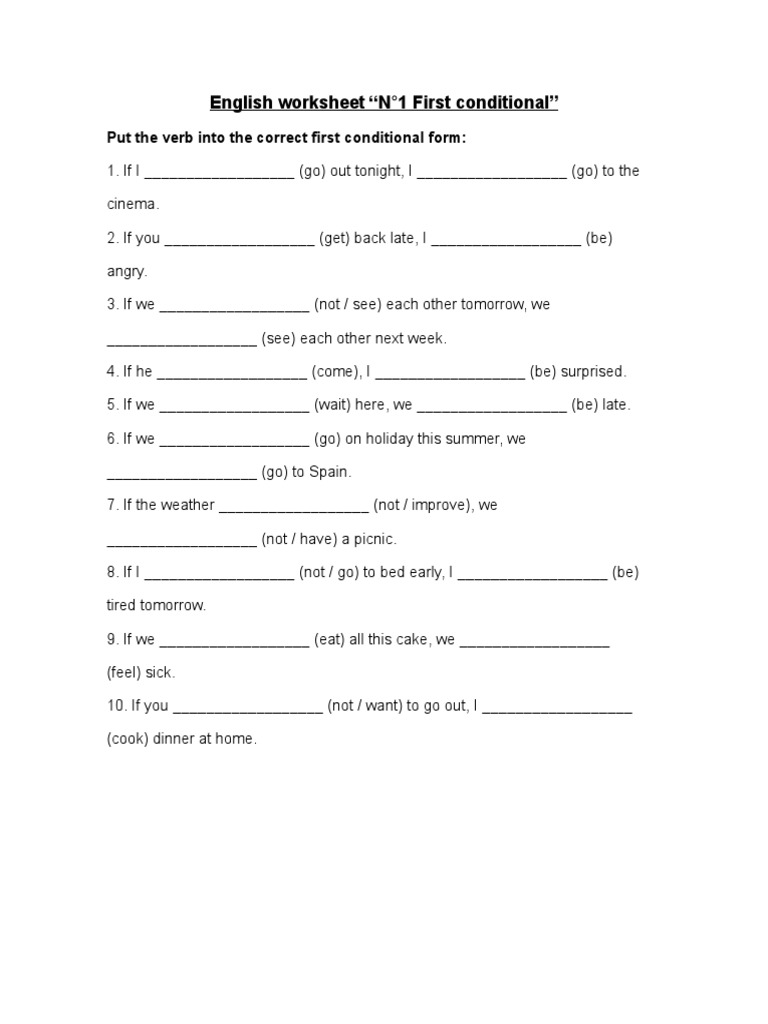 English Worksheet "N°1 First Conditional": Put The Verb Into The Correct First Conditional Form ...