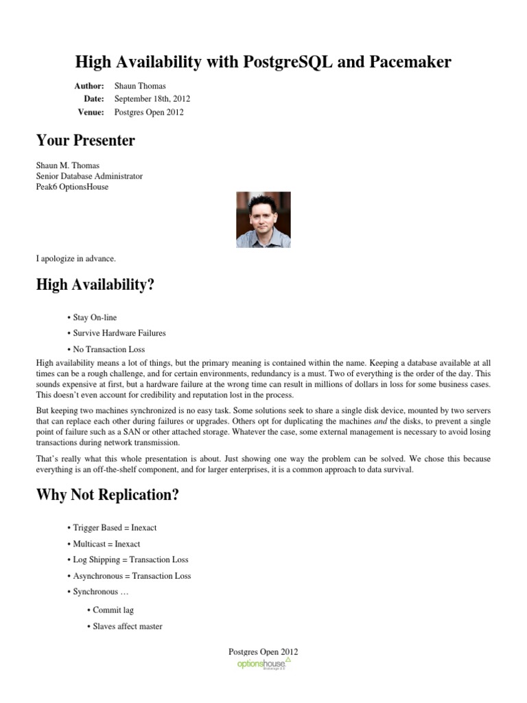High Availability With Postgresql and Pacemaker: Your Presenter | PDF | Replication (Computing ...