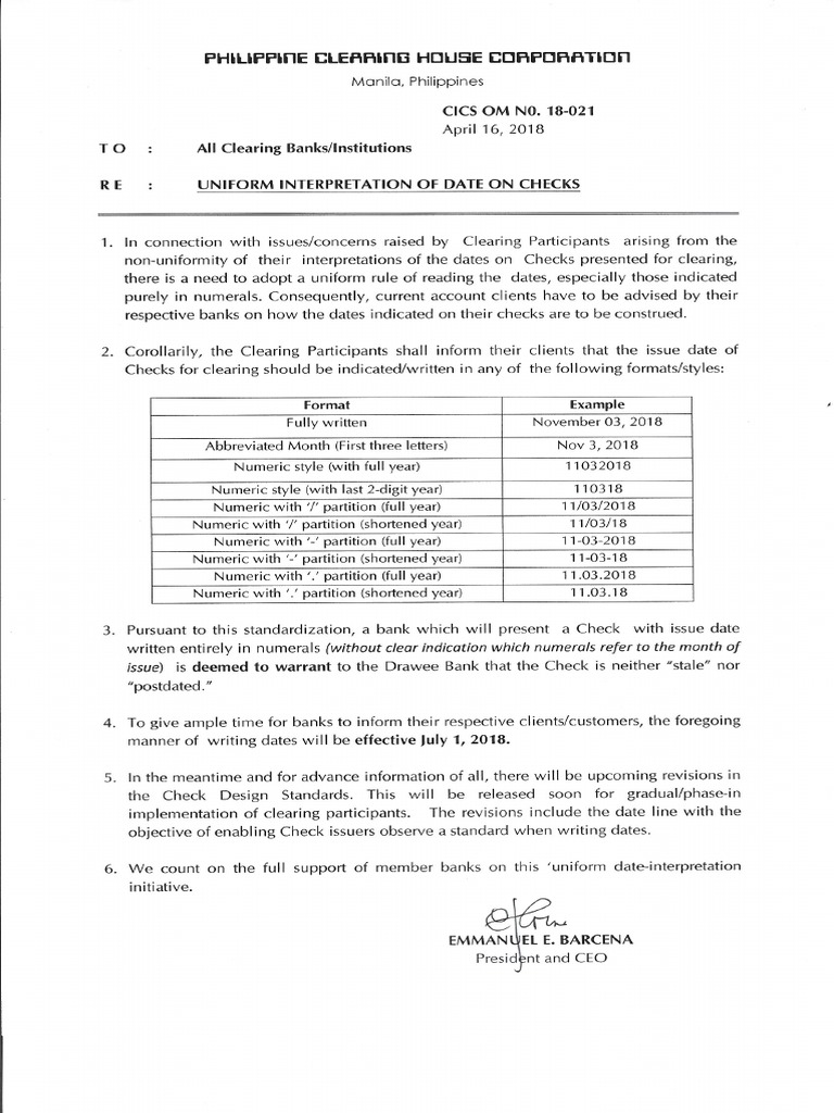 CICS OM 18 021 Uniform Interpretation of Date On Checks PDF | PDF