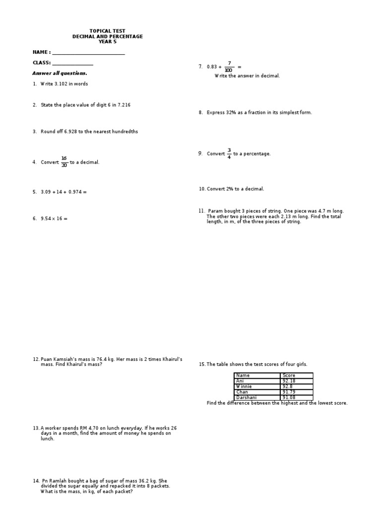 Year 5 Decimal and Percentage Test | PDF