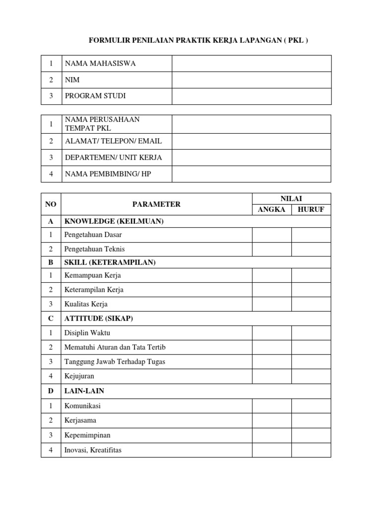 Form Penilaian PKL Dari Industri | PDF