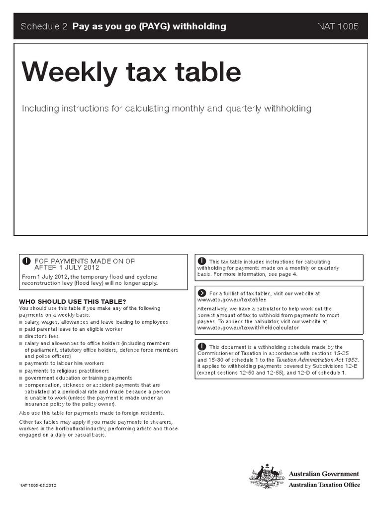 Weekly Tax Table: Pay As You Go (PAYG) Withholding | PDF | Withholding ...