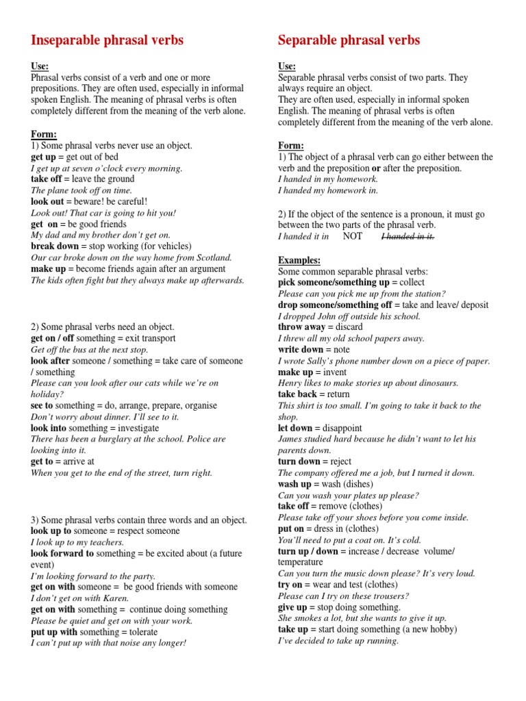 Inseparable Phrasal Verbs Separable Phrasal Verbs | PDF | Verb | Object ...